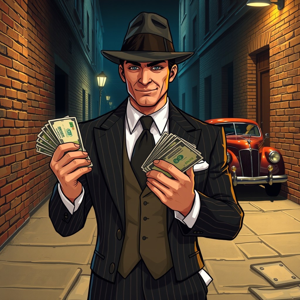 Stylish Gangster in Pinstripe Suit: A Scene of Power and Wealth