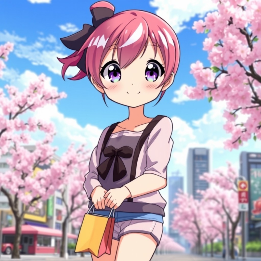 Vibrant Anime Girl in Spring Cityscape - Idyllic AI Art