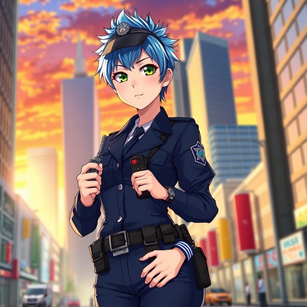 Dynamic Female Anime Police Officer in Urban Setting | Idyllic