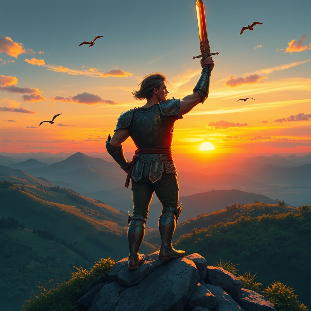 Heroic Majestic Triumph: A Knight’s Victory at Sunset