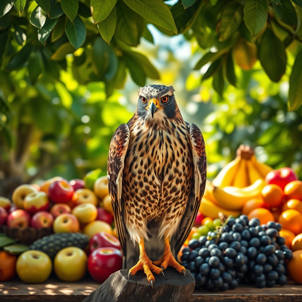 Majestic Falcon and Vibrant Fruits - A Harmonious Nature Scene