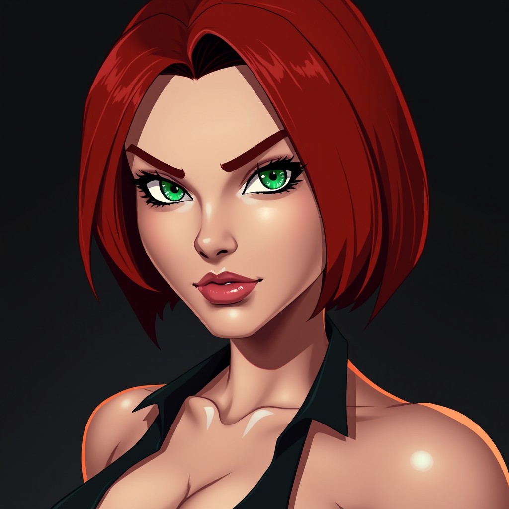 Seductive 2D Animated Portrait of a Confident Woman with Red Hair