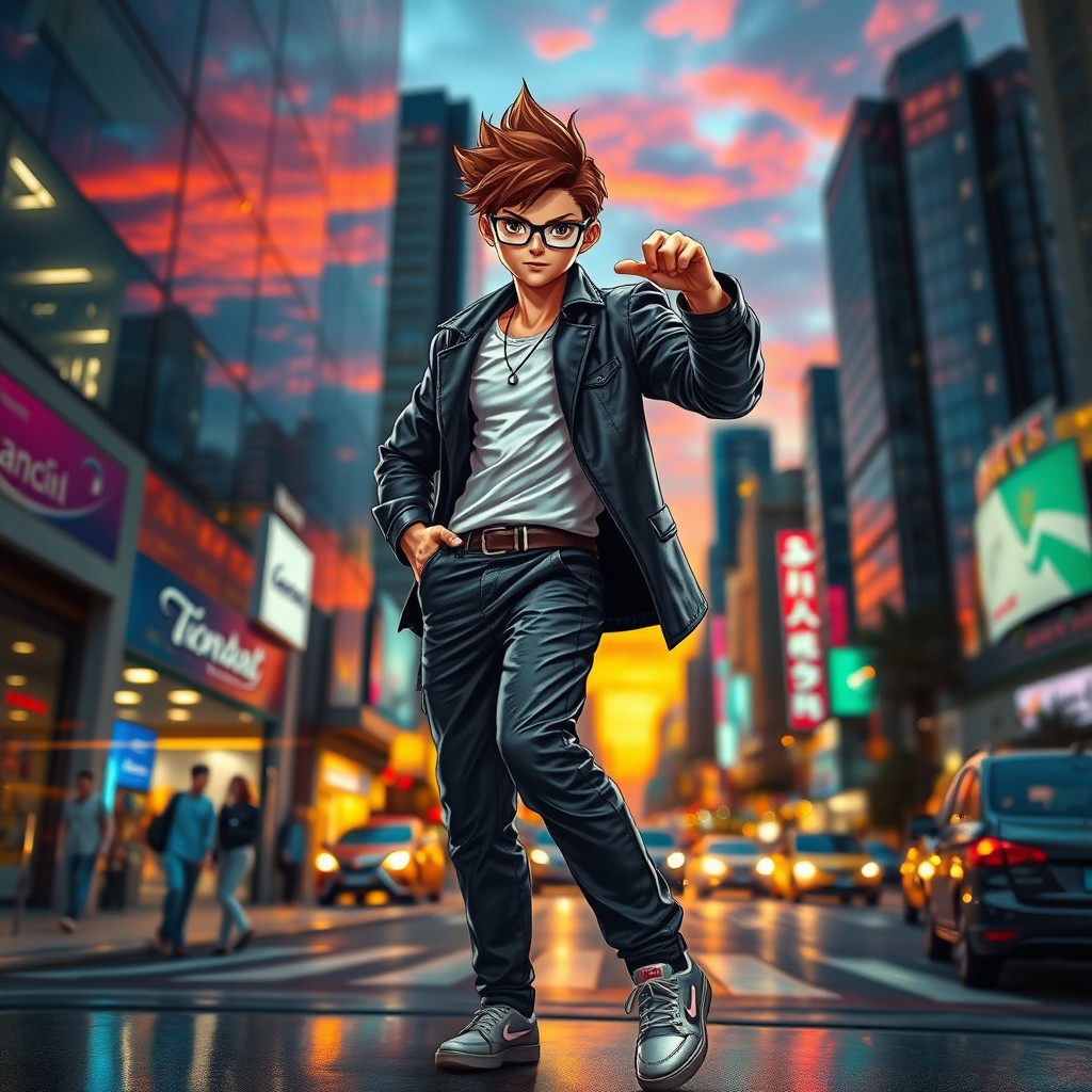 Dynamic Urban Character Against a Vibrant Cityscape at Sunset