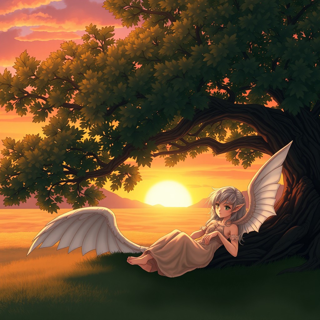 Serene Sunset: Elf Under a Tree with Majestic Wings