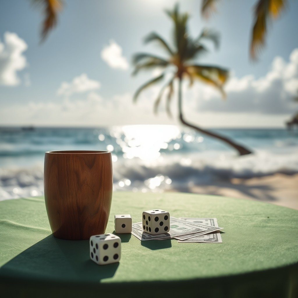 Tropical Vibes: Wooden Cup & Dice on a Caribbean Beach