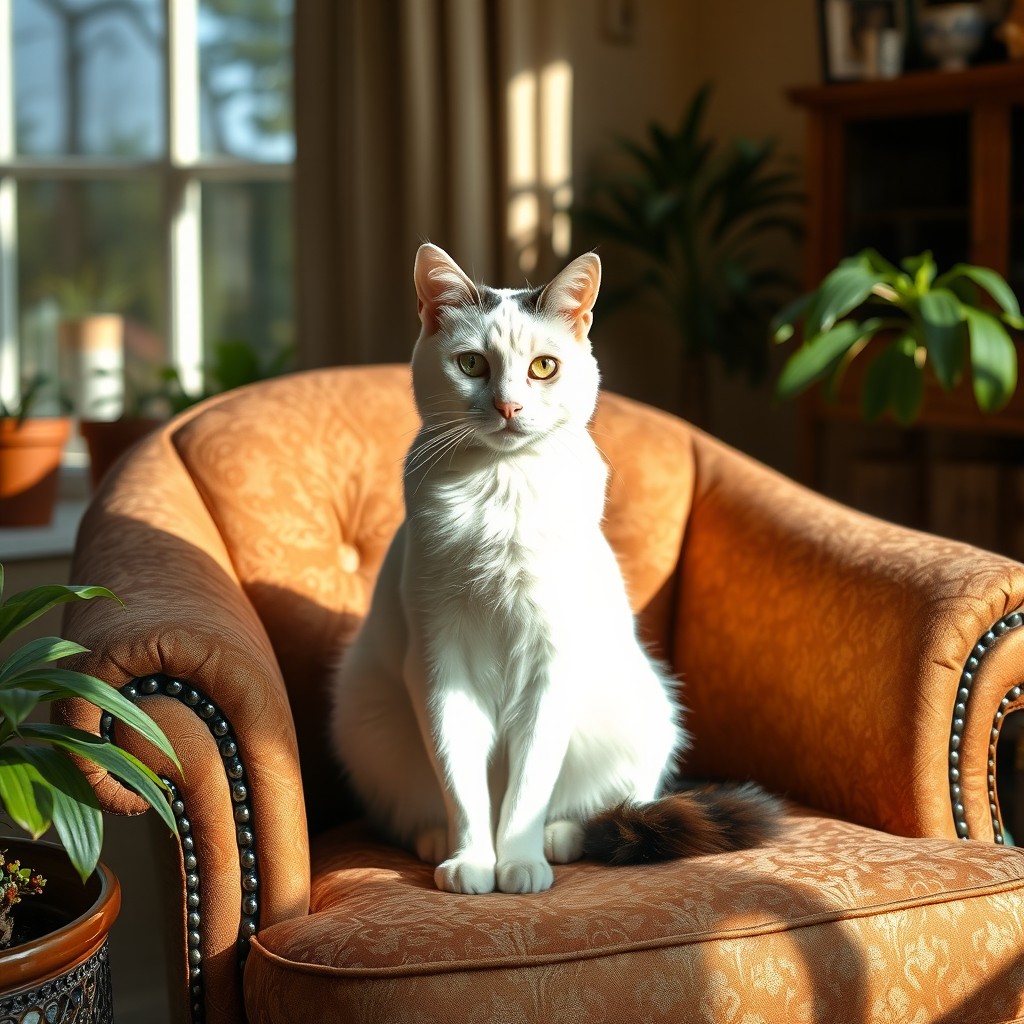 Elegant White Cat with Black Markings on Plush Armchair
