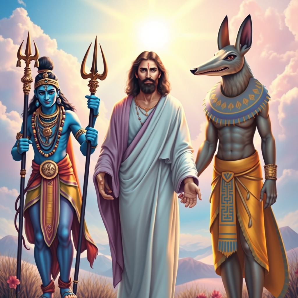 Unity Among Deities: A Serene Depiction of Shiva, Jesus, and Anubis