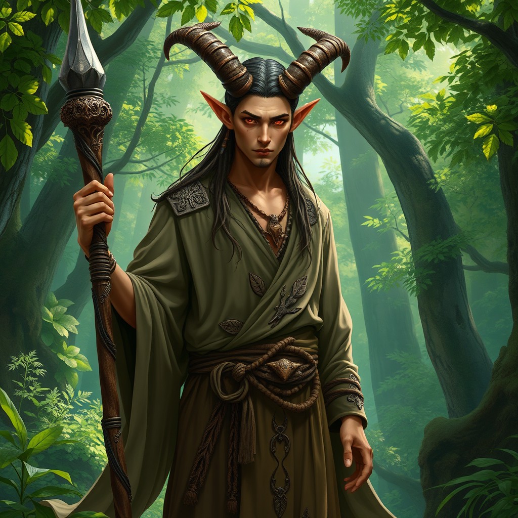 Majestic Male Tiefling Druid in Lush Forest | Idyllic AI Art