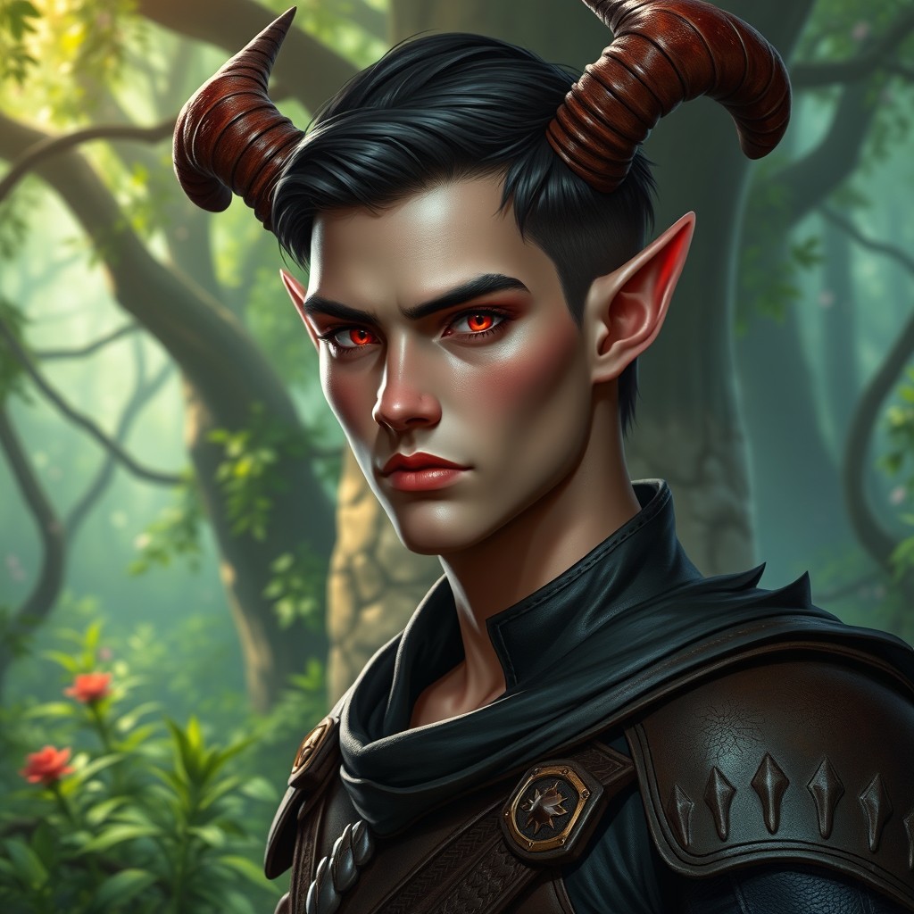 Enchanting Male Tiefling Druid in a Mystical Forest