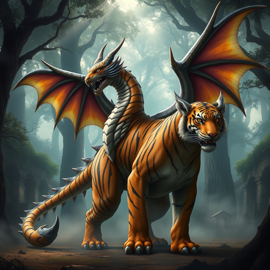 Majestic Dragon-Tiger Hybrid in a Mystical Forest | Idyllic AI Art