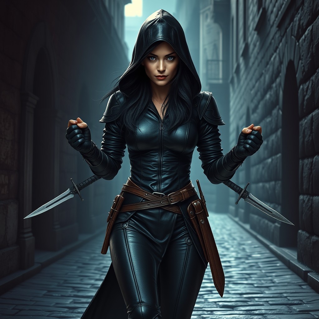 Stunning Female Rogue Character in Dark Leather Armor