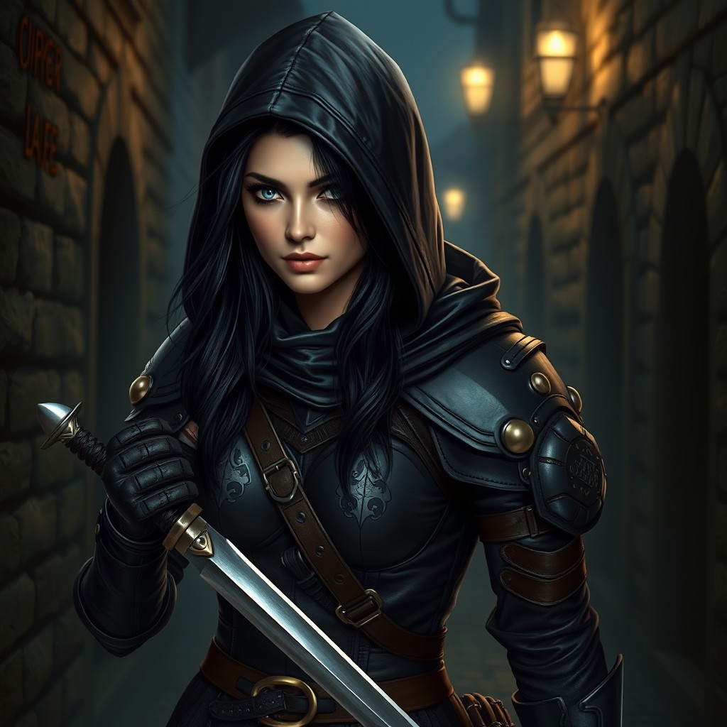 Stealthy Female Rogue in Dark Armor - A Clandestine Night Adventure