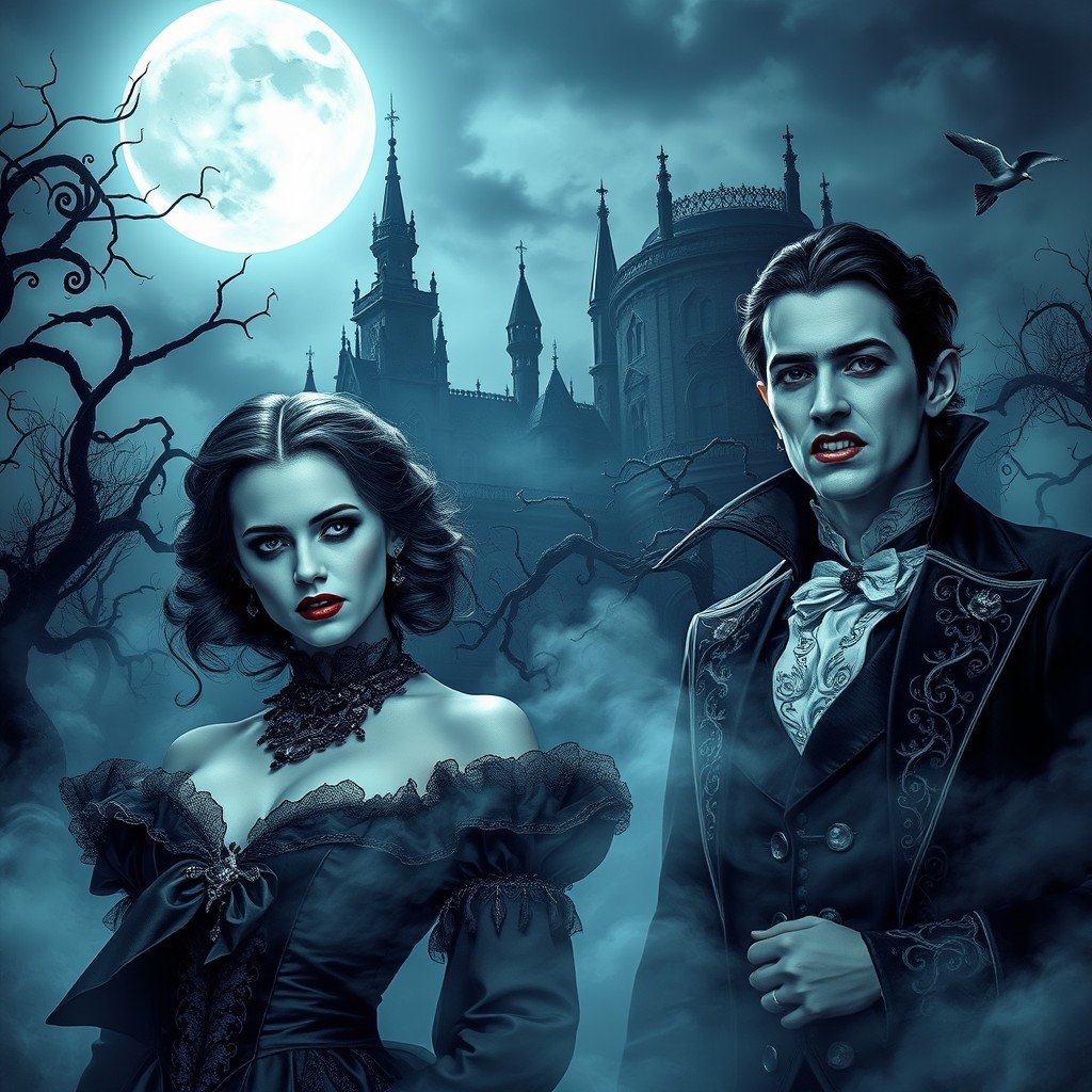 Hauntingly Beautiful Vampires in a Moonlit Gothic Scene