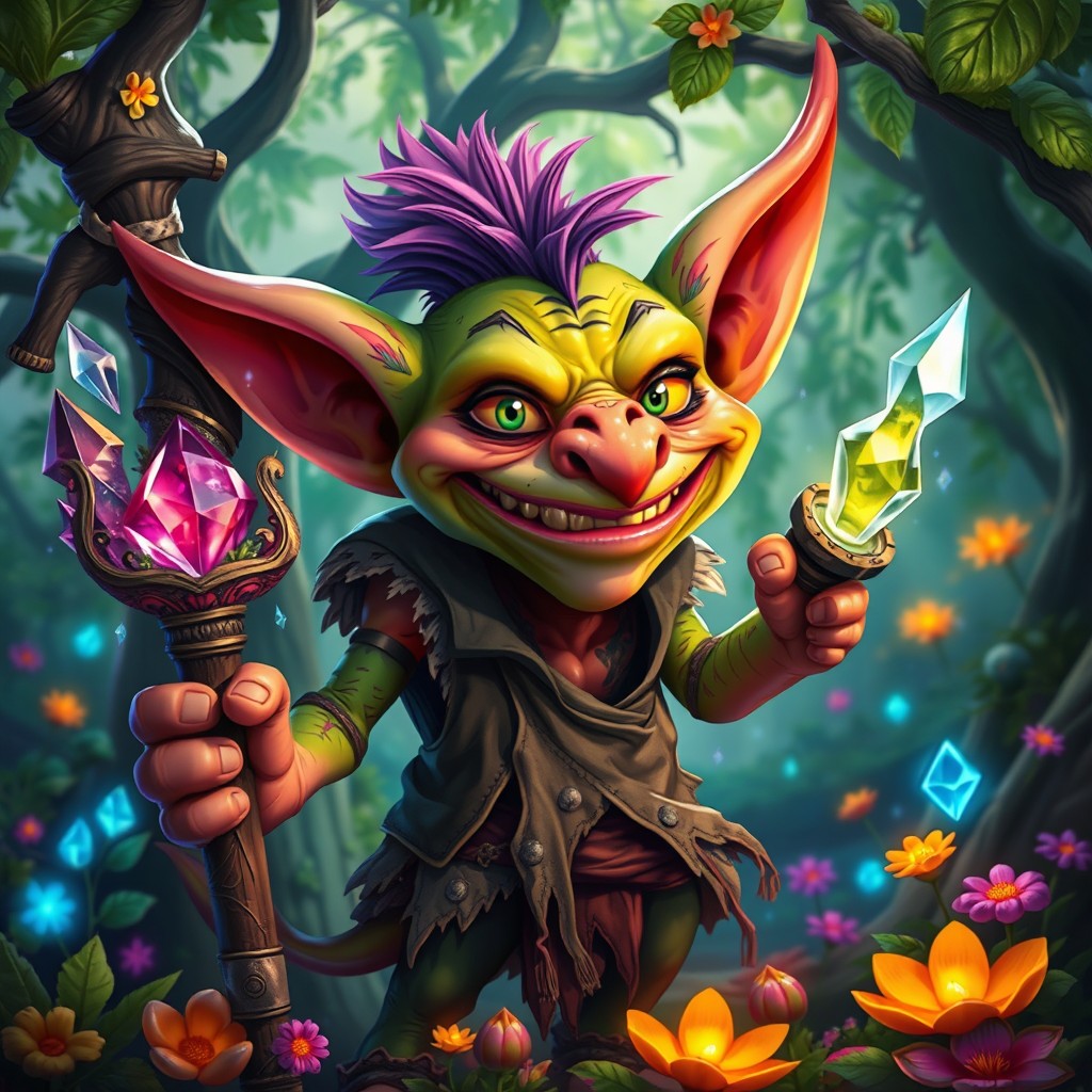 Whimsical Goblin in Enchanted Forest - A Colorful AI Creation