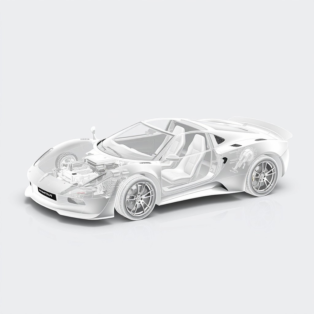 Detailed 3D Sports Car Representation: Mechanical & Structural Focus