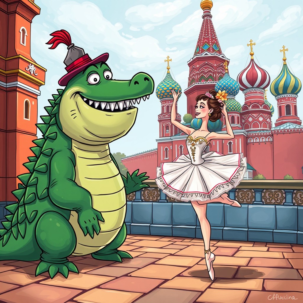 Whimsical Kremlin: A Crocodile's Dance with Ballerina Capucina