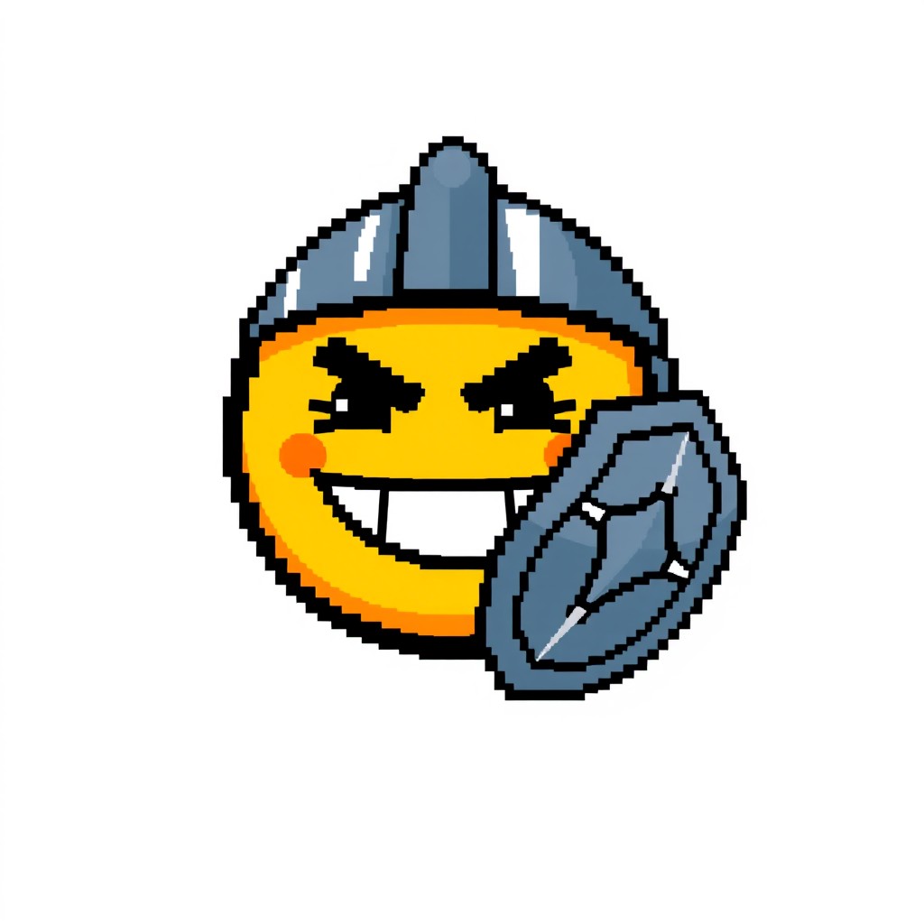 Pixel Art Warrior: Smiley Face with Helmet, Shield, and Sword