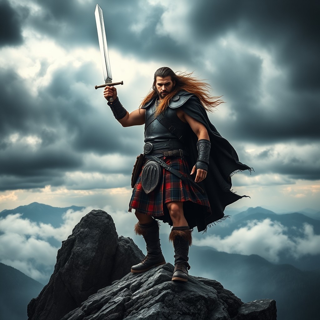 Epic Highlander Warrior: Strength and Bravery at Misty Peaks