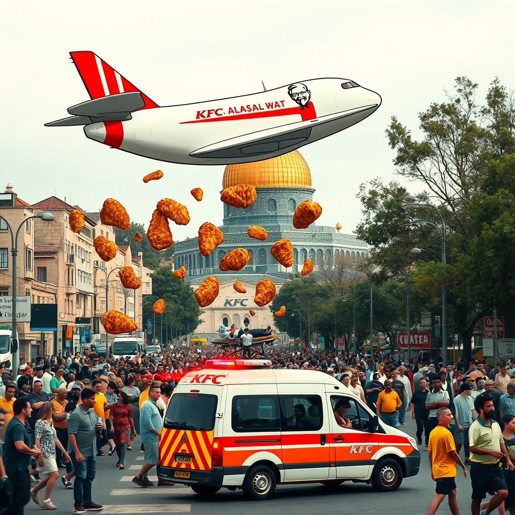 Surreal Chicken Warfare: KFC Warplane Rains Fried Chicken in Iconic Setting