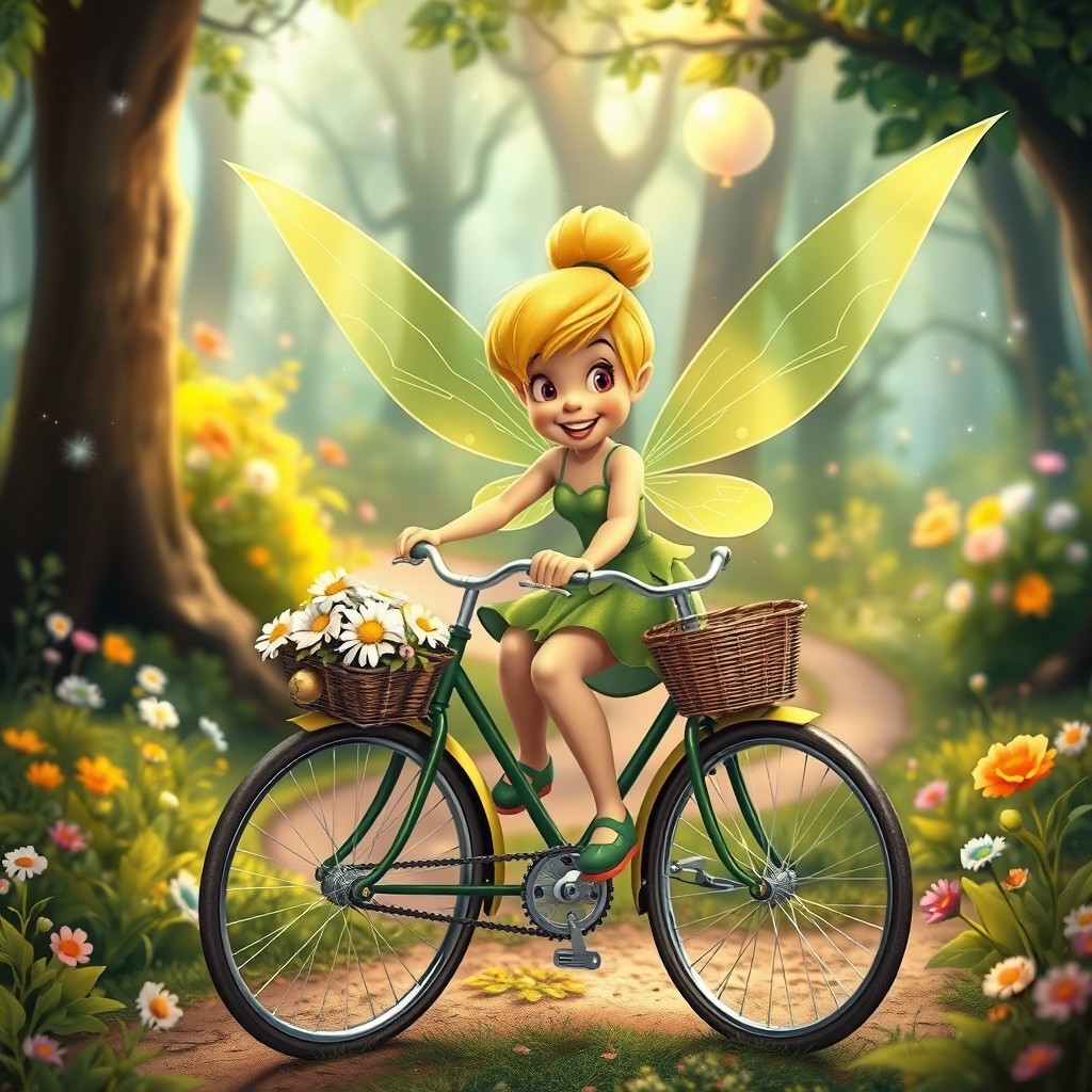 Tinker Bell's Whimsical Bicycle Ride in a Magical Forest