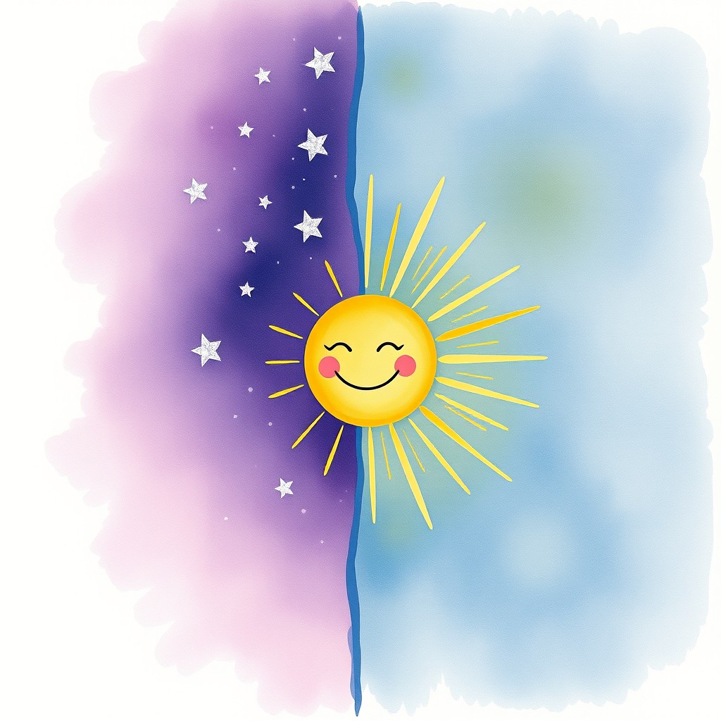 Enchanting Watercolor Split Scene: Night Sky Meets Sunrise