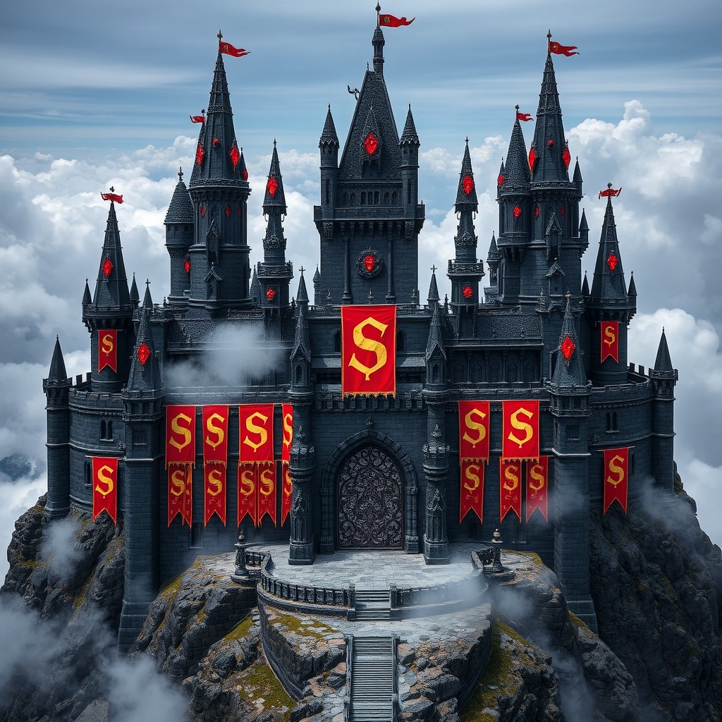 Majestic Black Stone Castle with Towering Spires and Vibrant Banners