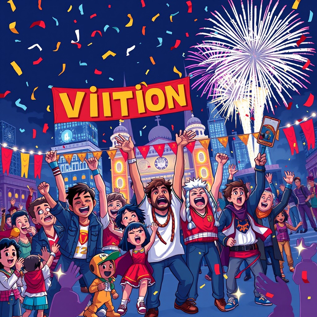 Vibrant Pixel Art Celebration: A Grand Victory Scene