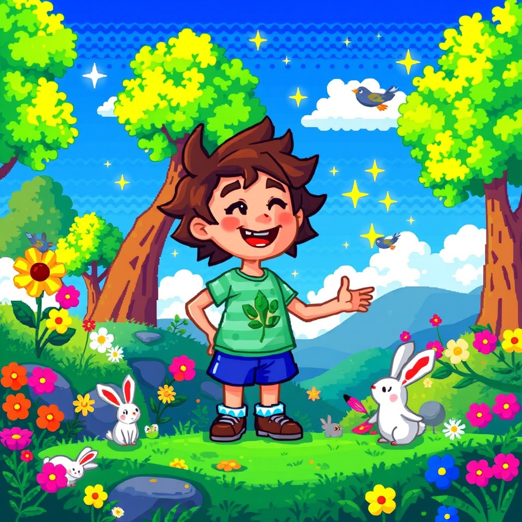 Cheerful Pixel Art Scene: Health, Happiness & Whimsy