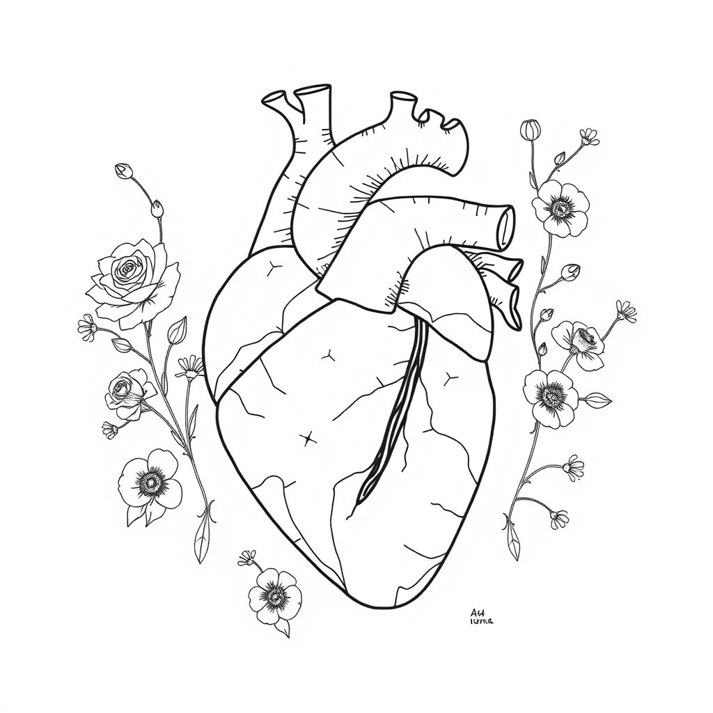 Coloring Page: Anatomically Accurate Human Heart Illustration