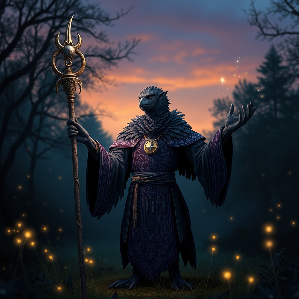Twilight Cleric Kenku Character in Mystical Dungeons and Dragons Setting