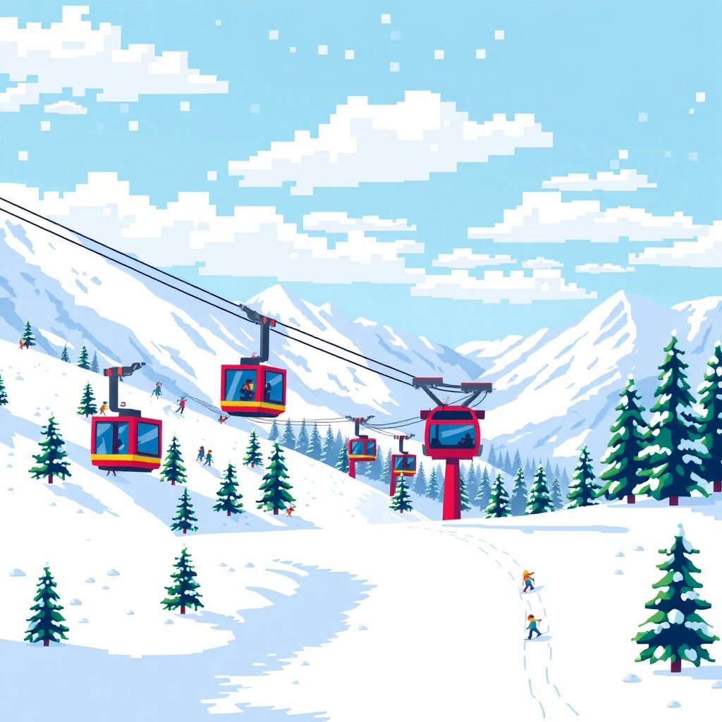 Vibrant Pixel Art Ski Lift in a Snowy Mountain Landscape