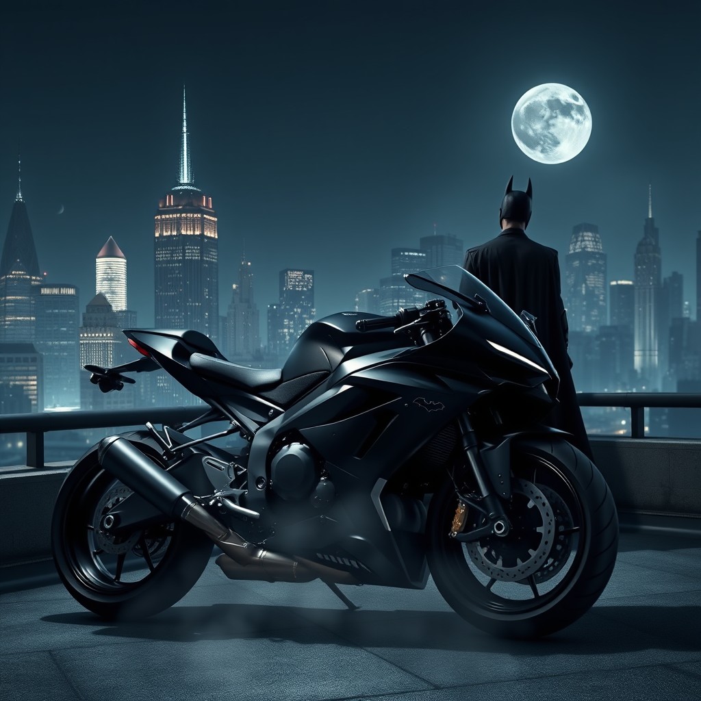 Epic Gotham Night: Batman's Sleek Motorcycle on a Rooftop