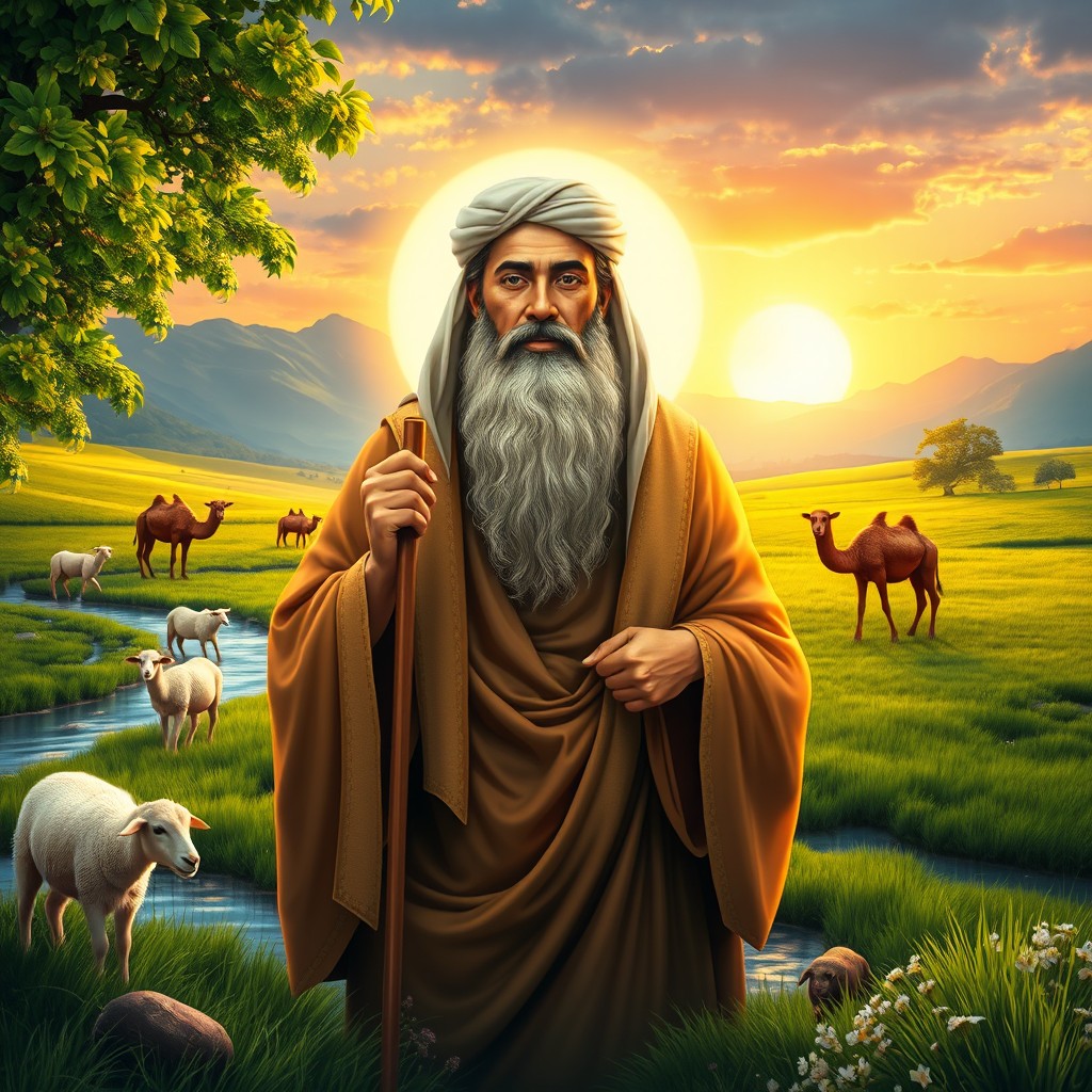 Artistic Representation of Prophet Ibrahim in a Serene Landscape