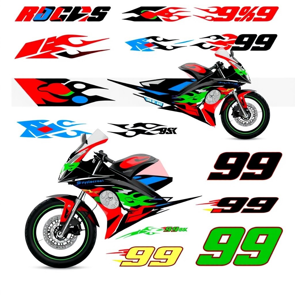 Vibrant Sports Bike Decals - Bold Geometric Designs & Racing Stripes