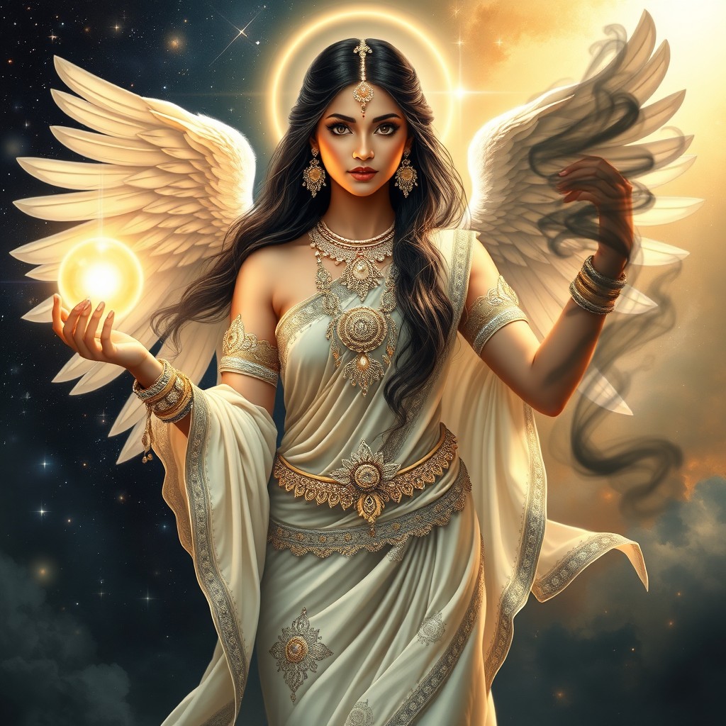 Celestial Indian Woman as the Angel of Duality - A Cosmic Art Journey
