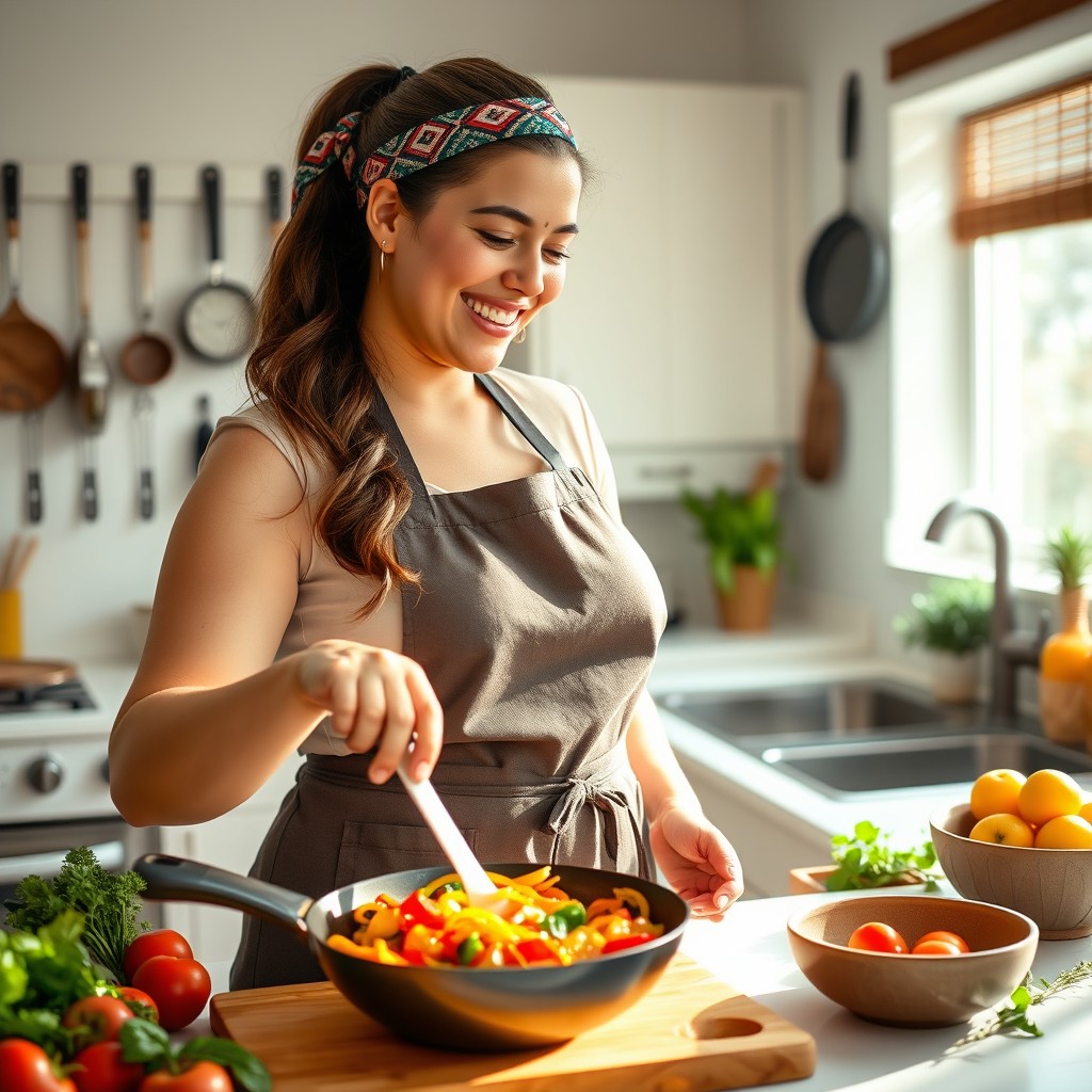 Cheerful Curvy Woman Cooking in a Bright Modern Kitchen