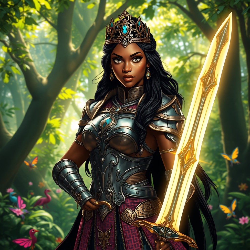 Enchanted Black Princess Warrior: Strength & Grace in a Fantasy Forest