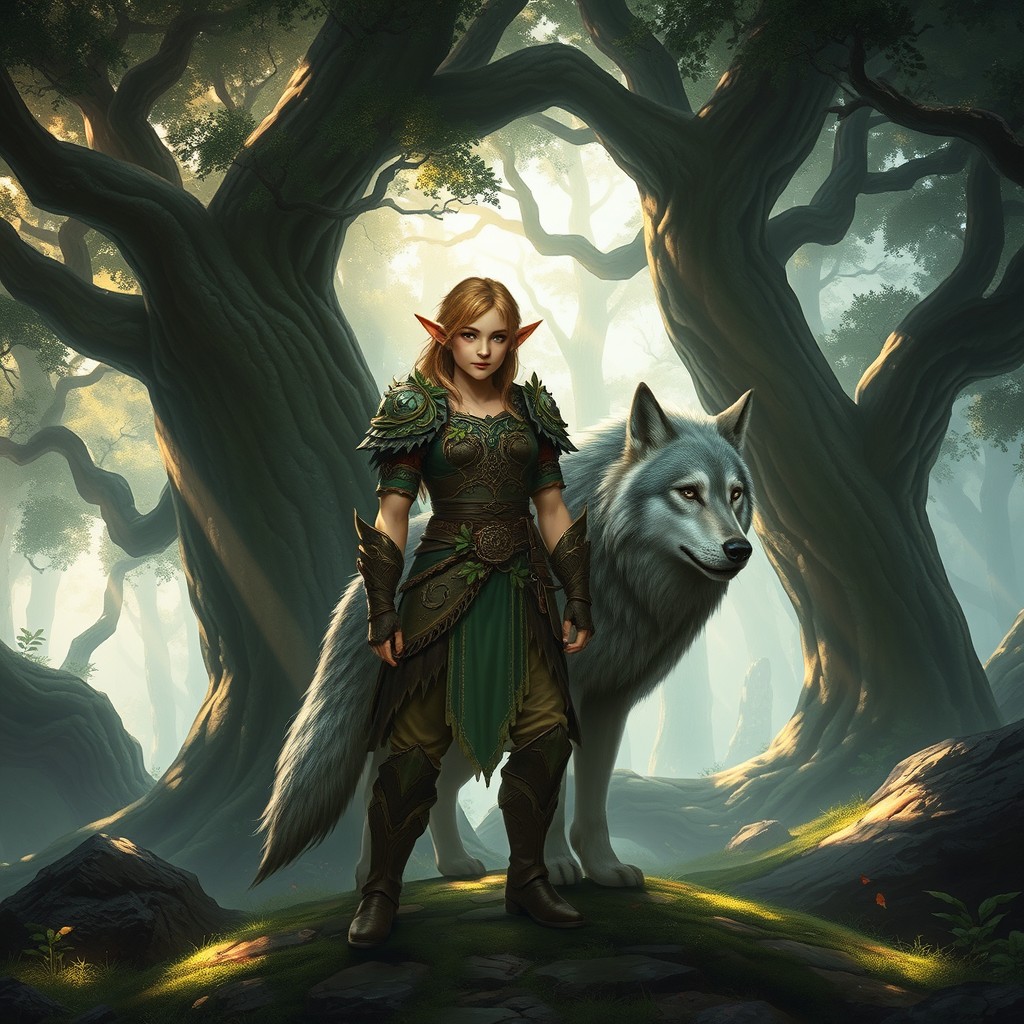 Enchanting Fantasy Forest: Sylvan Elf and Majestic Wolf