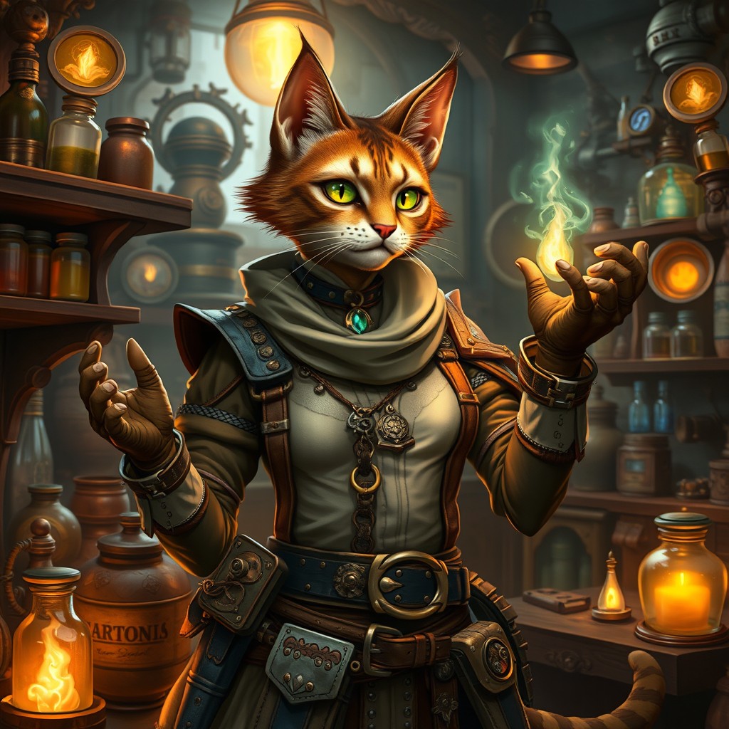 Enchanting Catfolk Artificer: A Fusion of Fantasy and Steampunk
