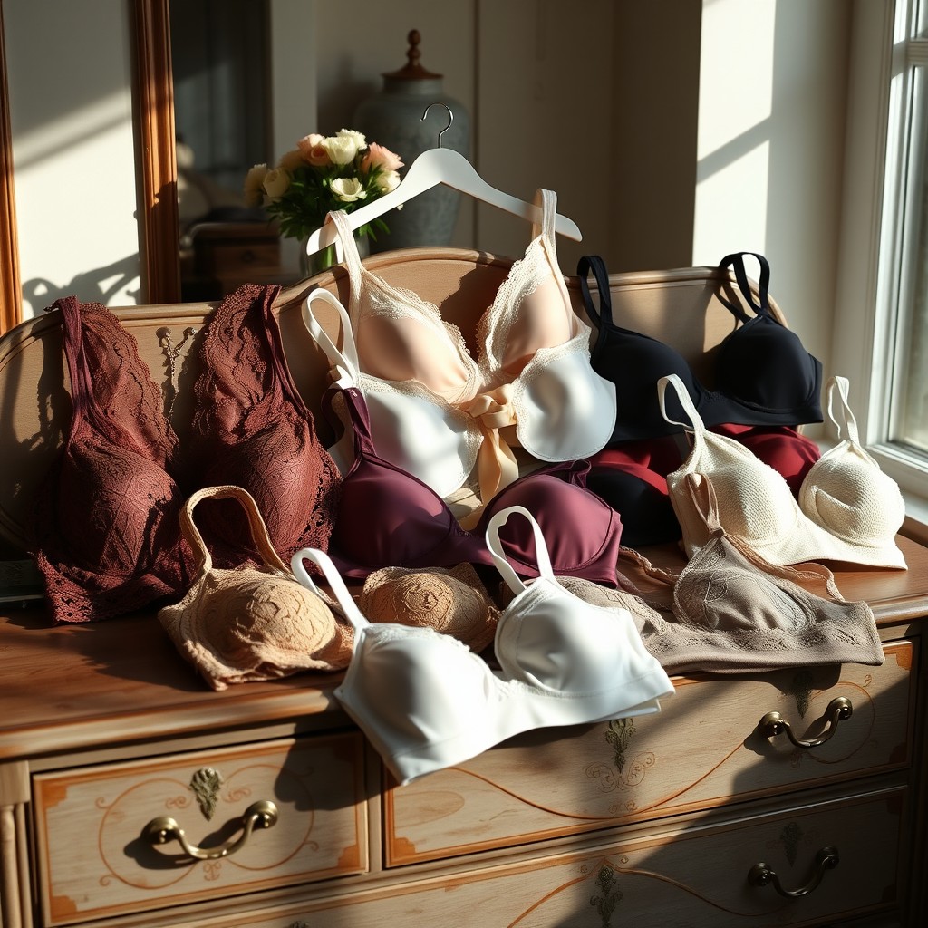 Elegant Bra Display: Stylish Designs on Vintage Dresser