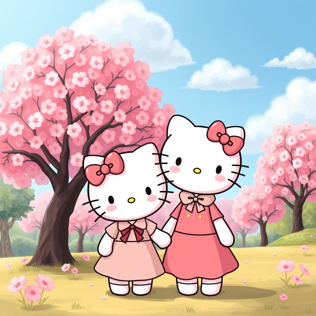 Whimsical Hello Kitty Illustration in Cherry Blossom Park