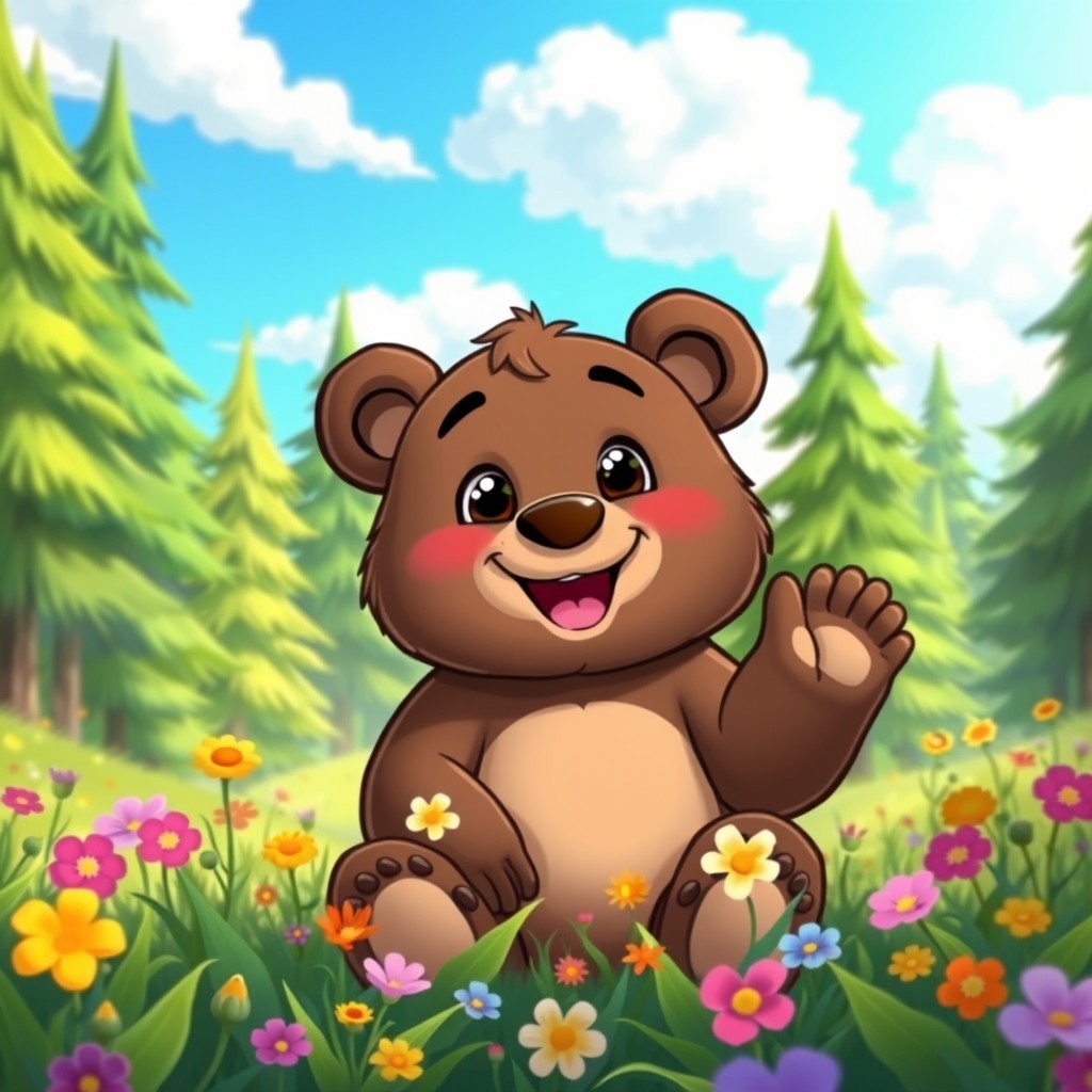 Adorable Animated Bear in a Sunny Forest - Idyllic AI Images