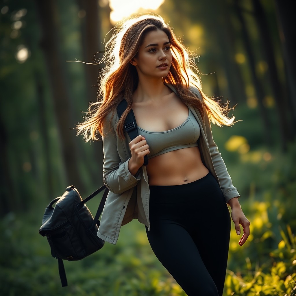 Serene Dawn Walk: Athletic Woman in Enchanting Forest