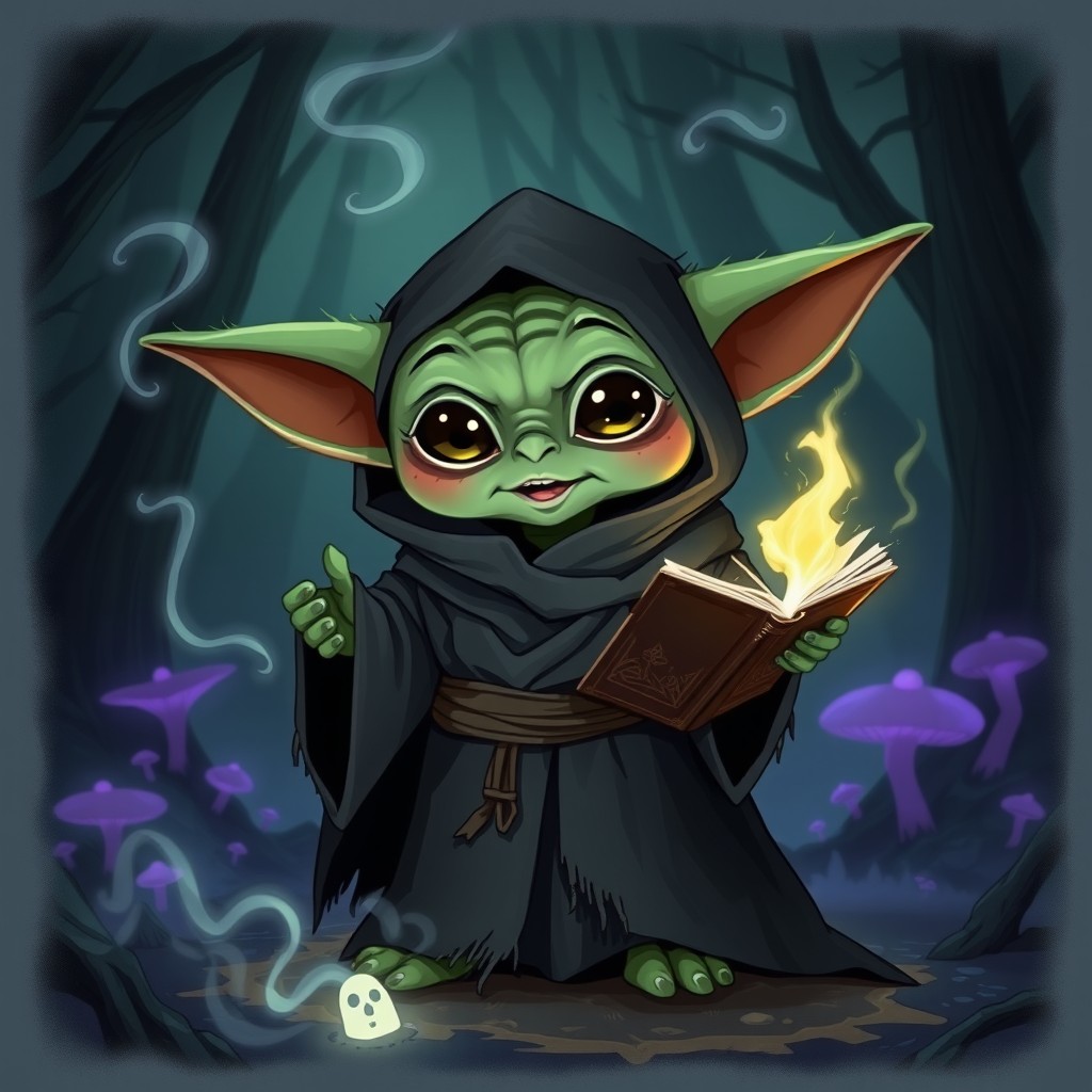 Whimsical Baby Yoda as a Necromancer: Cute and Dark Art Creations