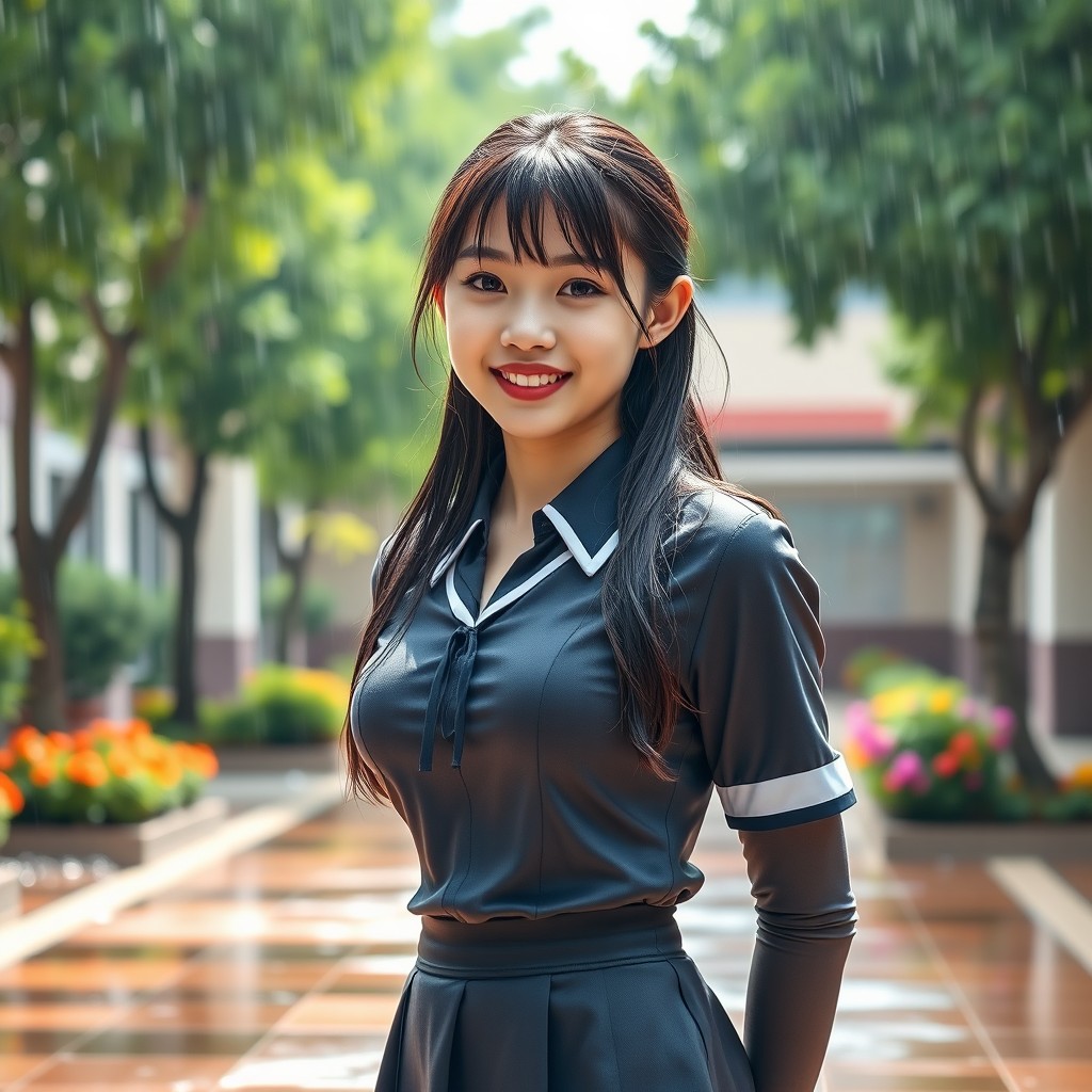 Confident High School Girl in a Vibrant Post-Rain Courtyard