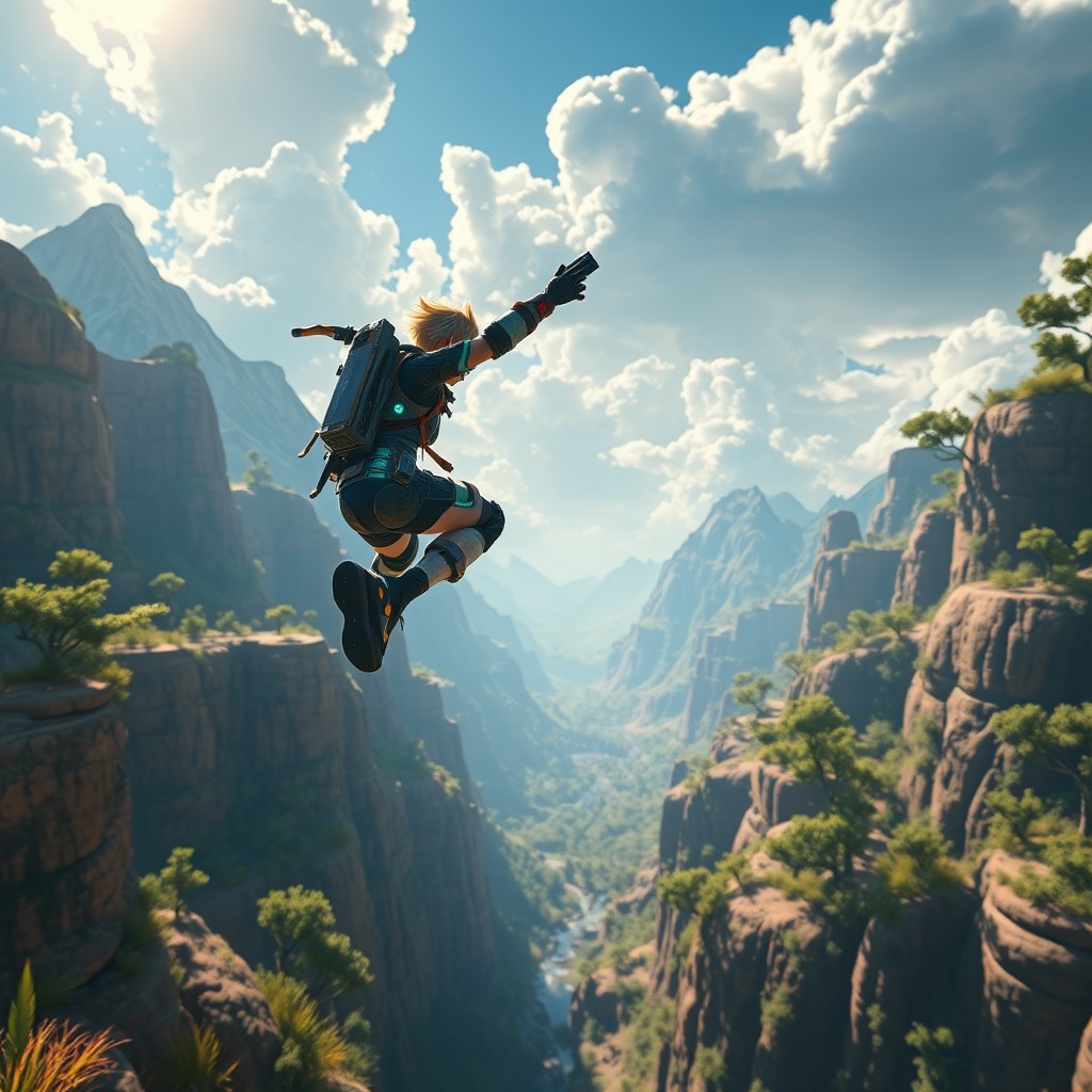 Epic Adventure: Character Leaps Across a Canyon in a Futuristic Game Scene
