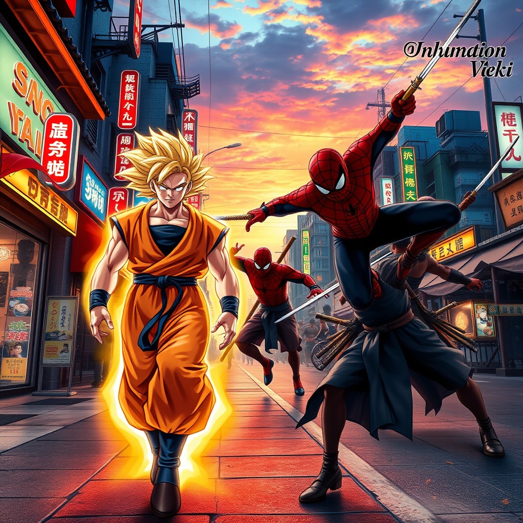Epic Showdown: Goku vs. Spider-Man in Neon Tokyo