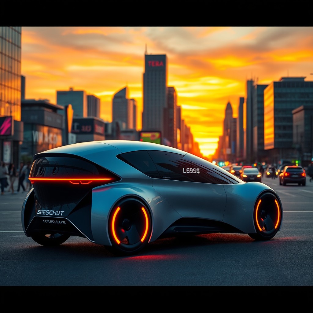 Futuristic Automated Vehicle in a Vibrant Urban Sunset