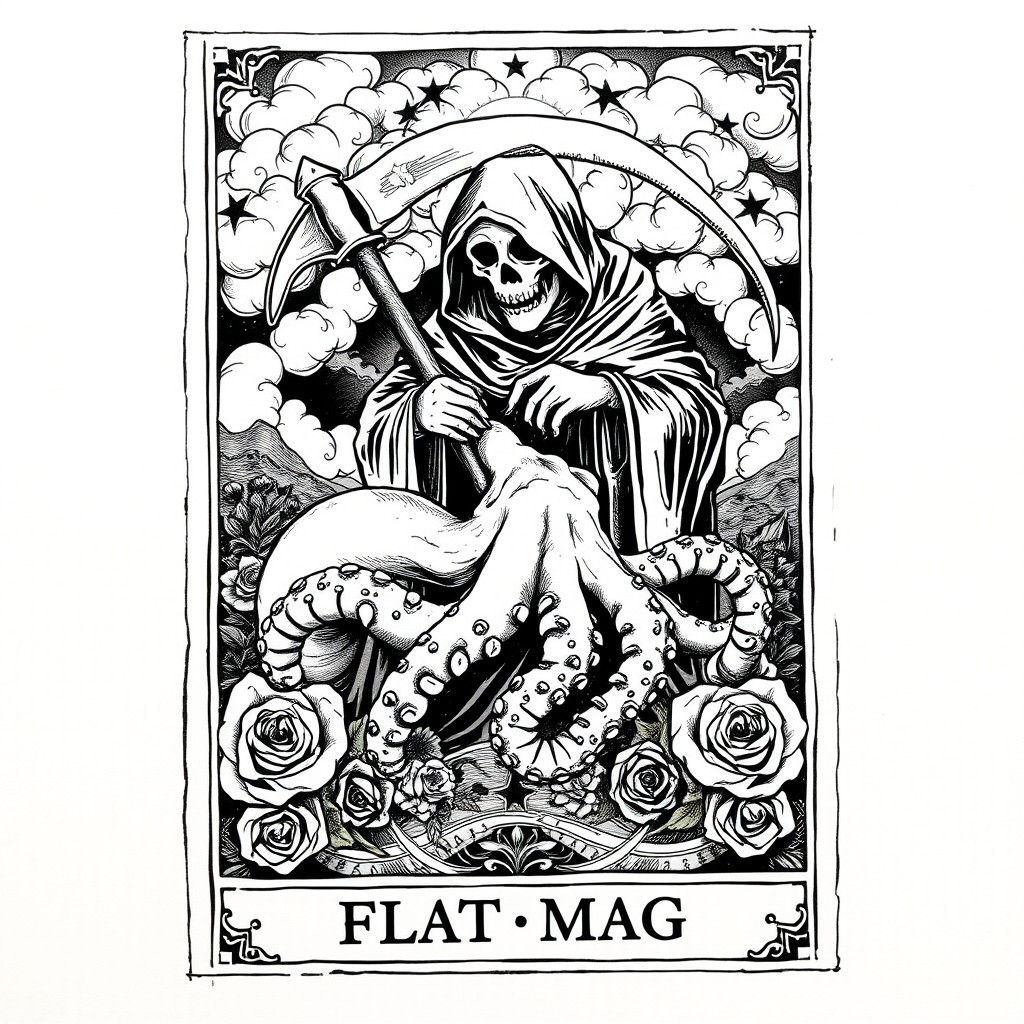 Dark Elegance: Grim Reaper vs. Octopus in Intricate Ink Drawing