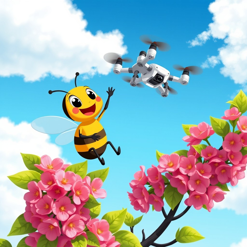 Cheerful Bee Launches FPV Drone Amidst Blooming Apple Tree | Idyllic